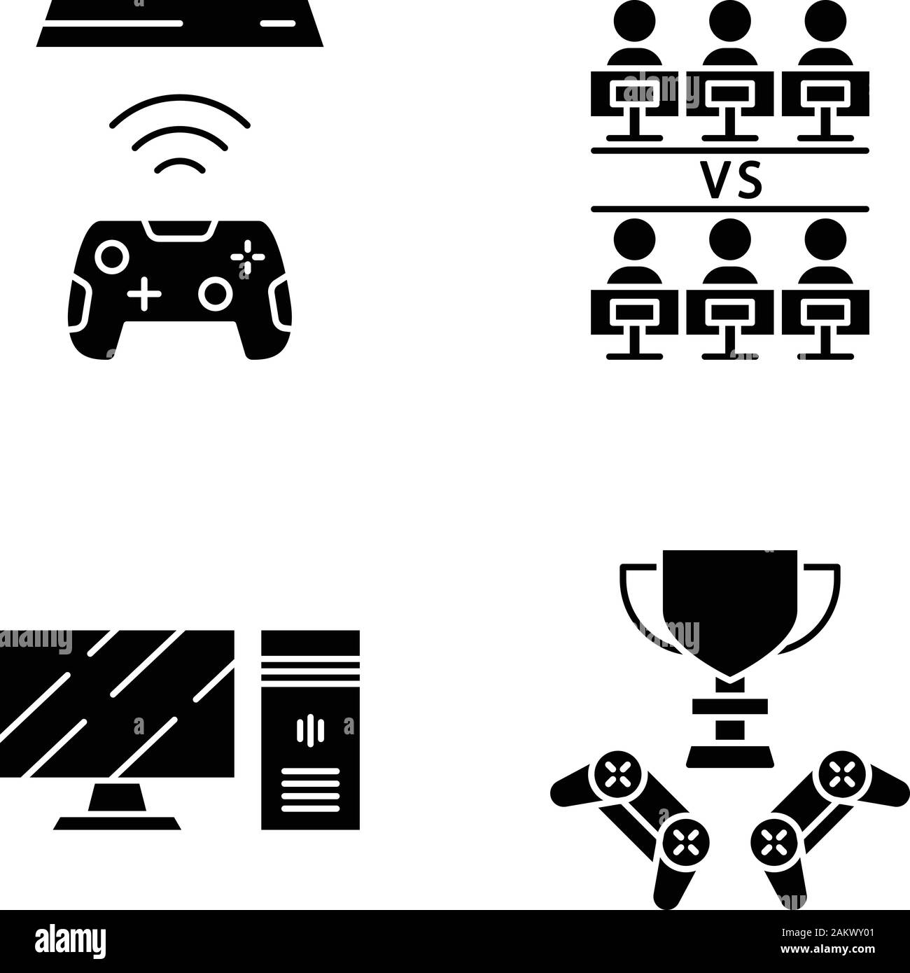 Esports glyph icons set. Gaming equipment and hardware. Winner cup ...