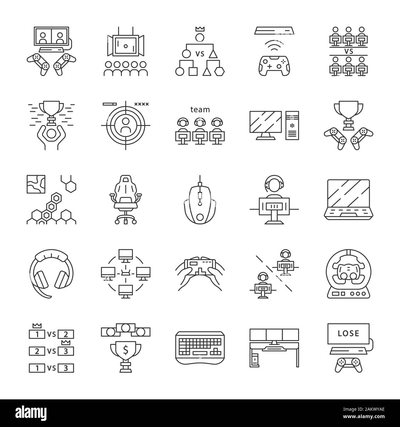 Esports linear icons set. Gaming device and gadgets. Video game ...