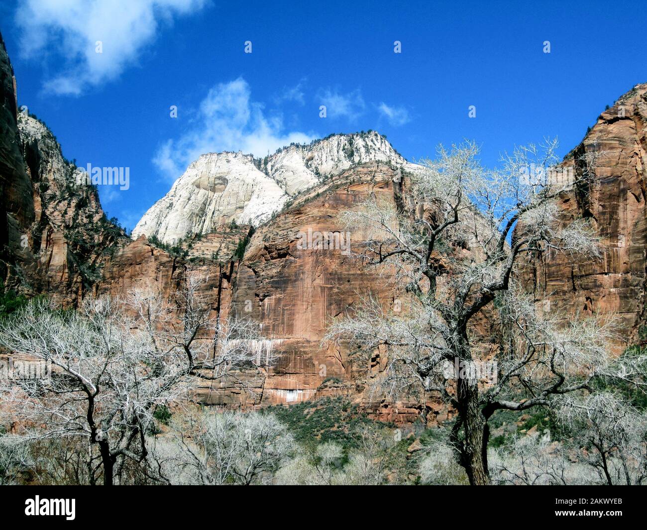 Beautiful red monolith with white stone top, deep blue sky, and tress ...