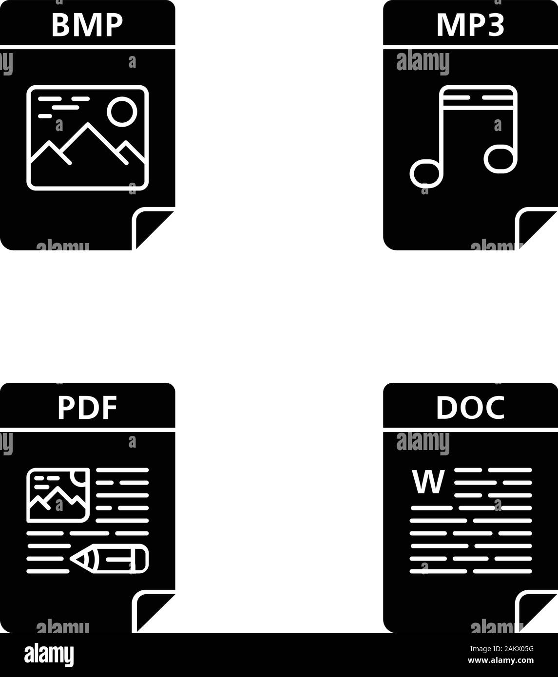 Files format glyph icons set. Image, audio files, text documents. BMP ...