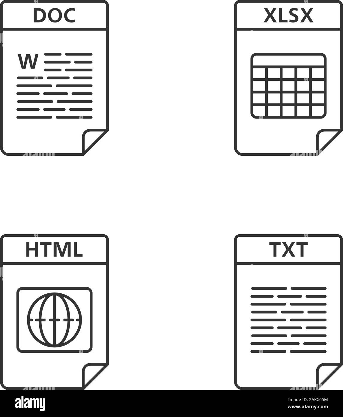 Files format linear icons set. Text web and data files. DOC, XLSX, HTML, TXT. Thin line contour ...