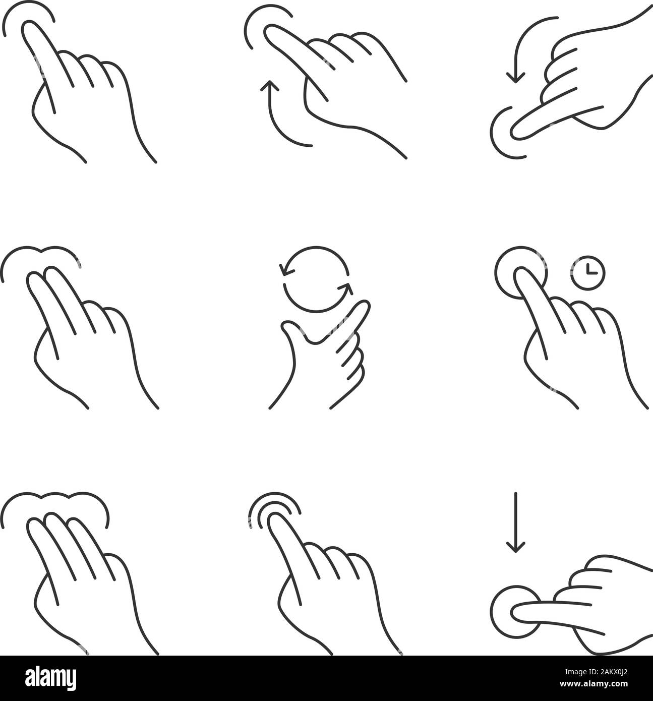 Touchscreen gestures linear icons set. Tap, click, 2x tap, drag. Flick ...