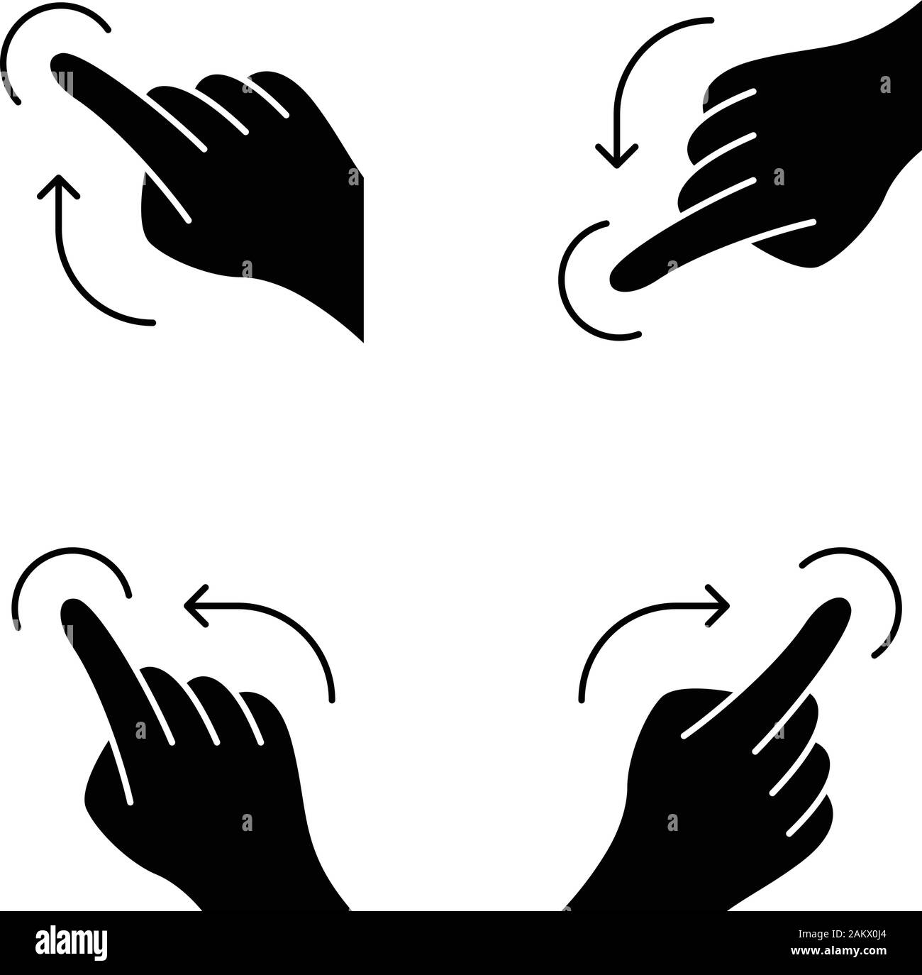 Touchscreen gestures glyph icons set. Flick left, flick right gesturing ...