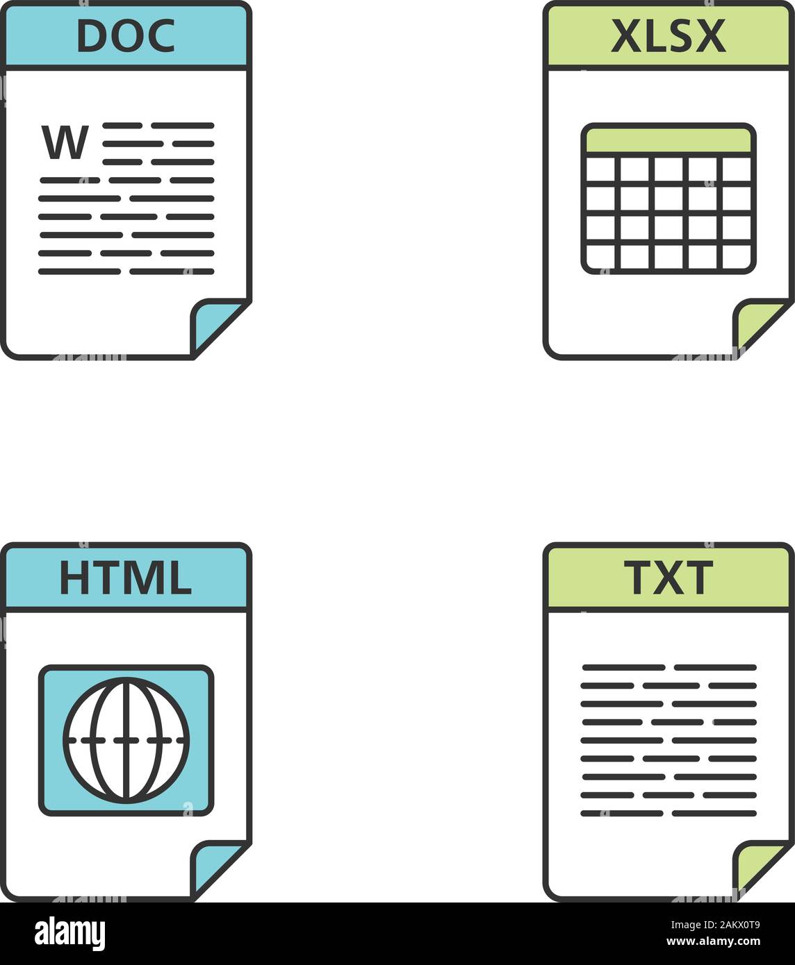 Files format color icons set. Text, web and data files. DOC, XLSX, HTML ...