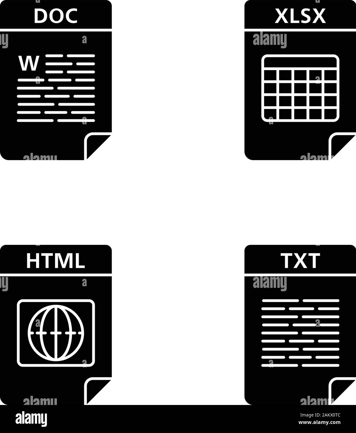 Files format glyph icons set. Text web and data files. DOC, XLSX, HTML, TXT. Silhouette symbols ...
