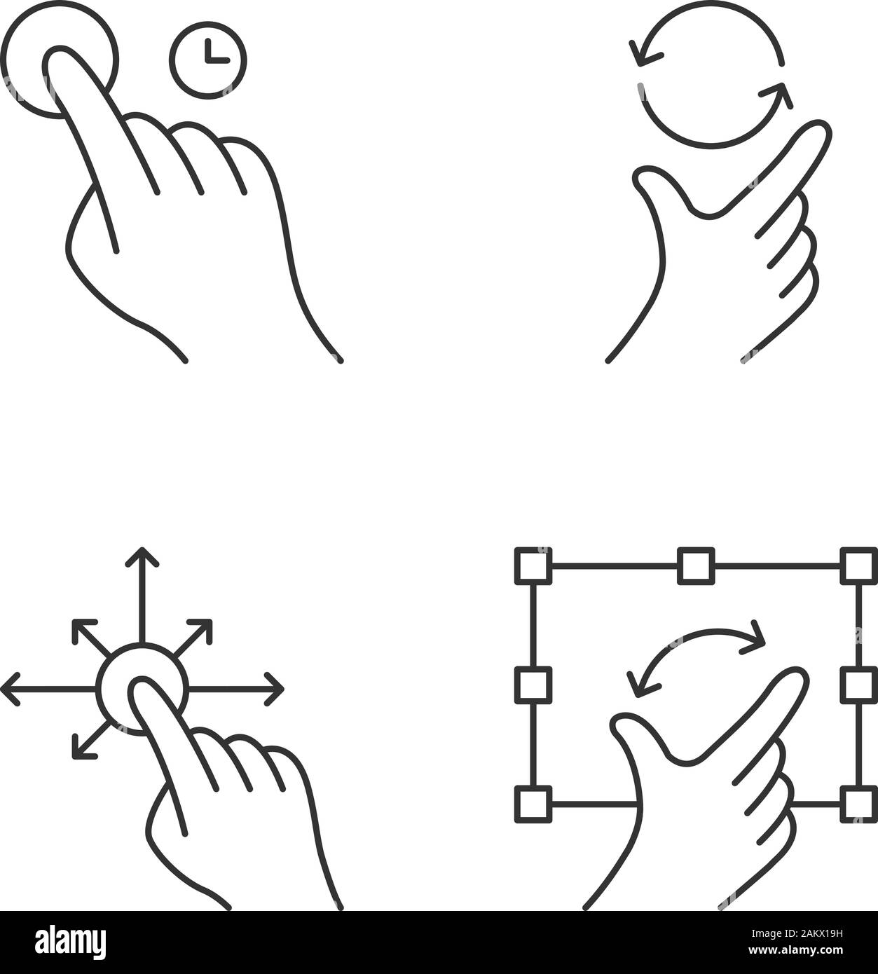 Touchscreen gestures linear icons set. Touch and hold, zoom, rotate gesturing. Drag finger all ...