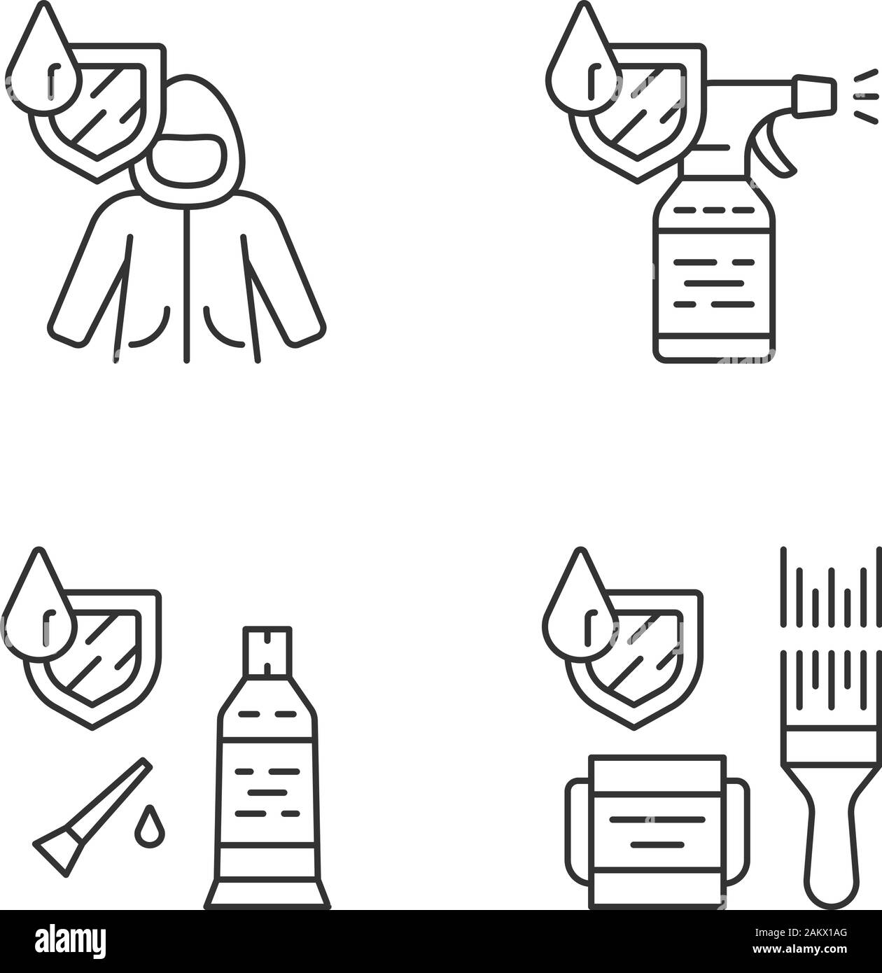 Waterproofing linear icons set. Water resistant materials. Waterproof ...