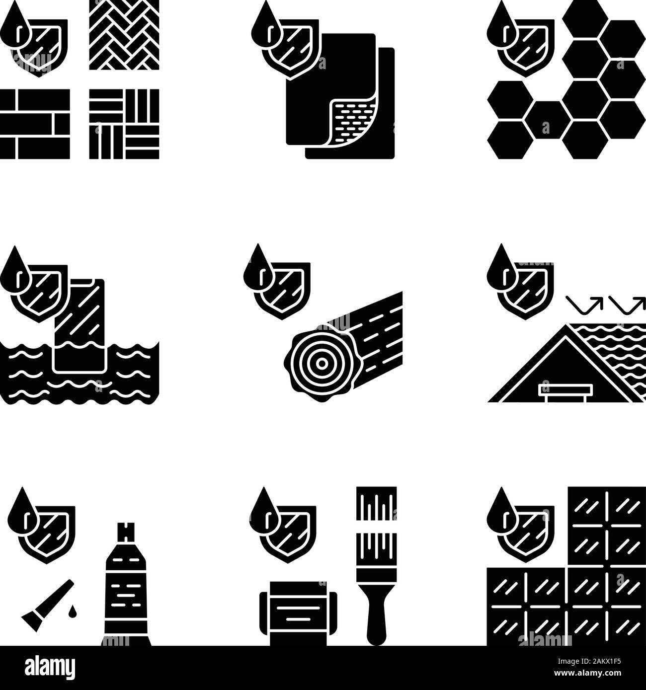 Waterproofing glyph icons set. Water resistant materials, surfaces ...