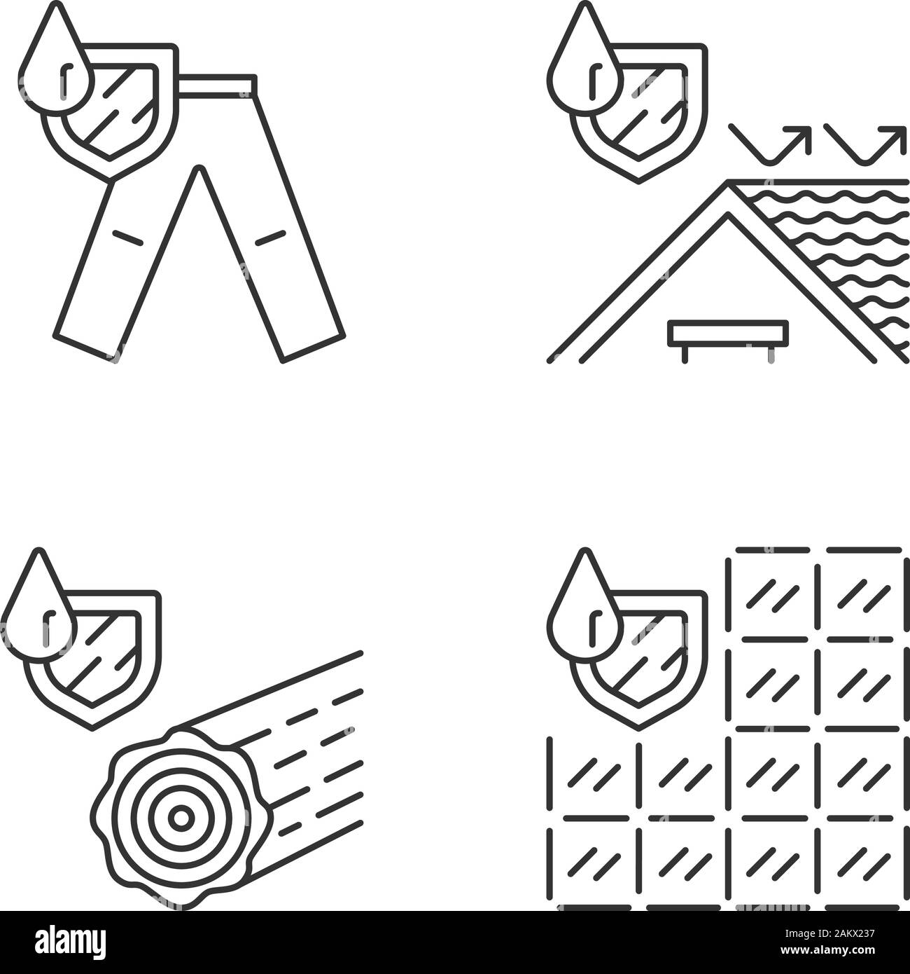 Waterproofing linear icons set. Water resistant materials. Waterproof ...