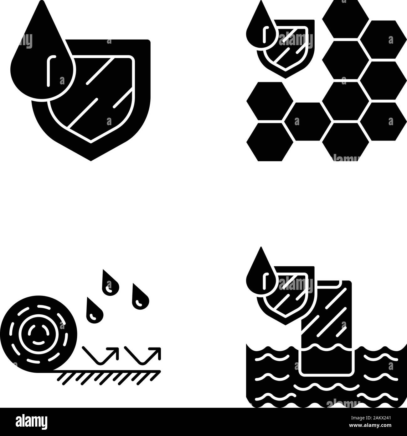 Waterproofing glyph icons set. Water resistant materials and surfaces ...