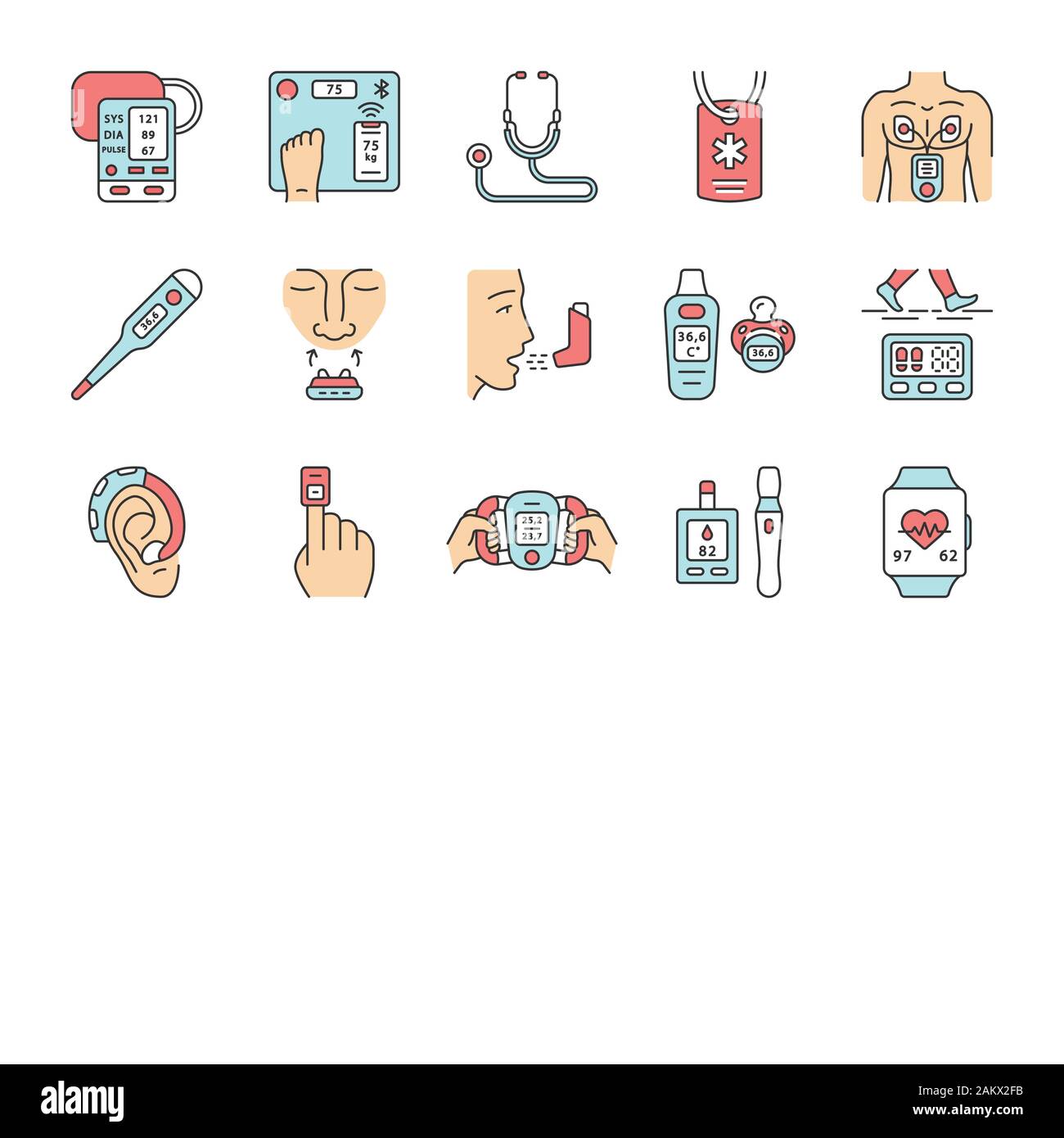 Medical devices color icons set. Stethoscope, medical alert ID, inhaler ...