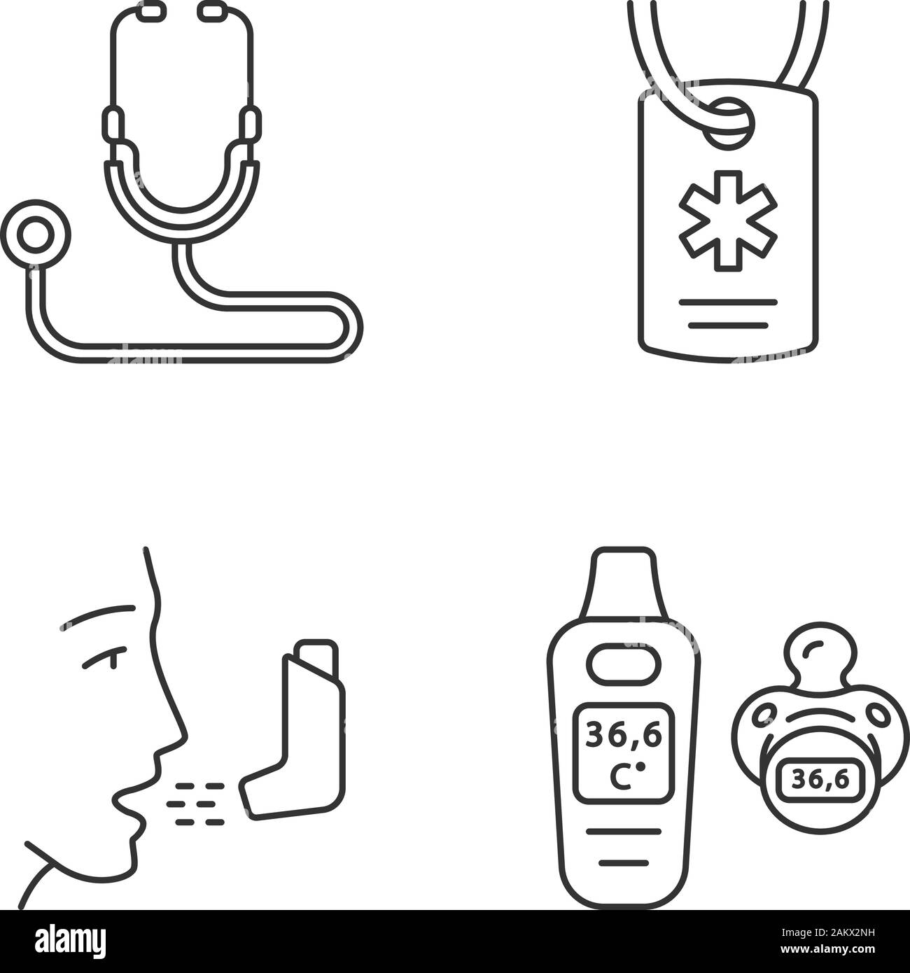 Medical devices linear icons set. Stethoscope, medical alert ID ...