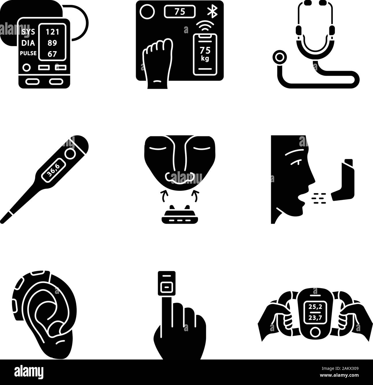 Medical devices glyph icons set. Blood pressure monitor, digital ...