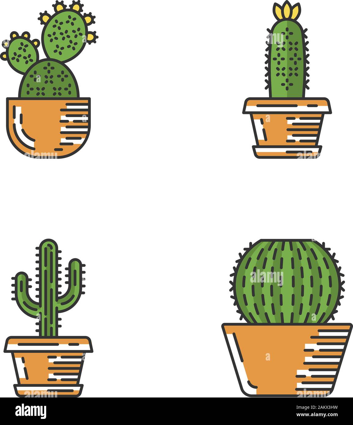 House cacti in pot color icons set. Succulents. Cacti collection ...
