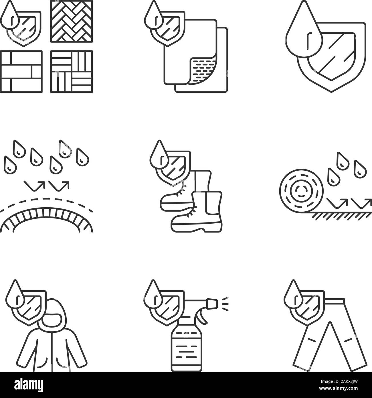 Waterproofing linear icons set. Water resistant materials, fabric ...