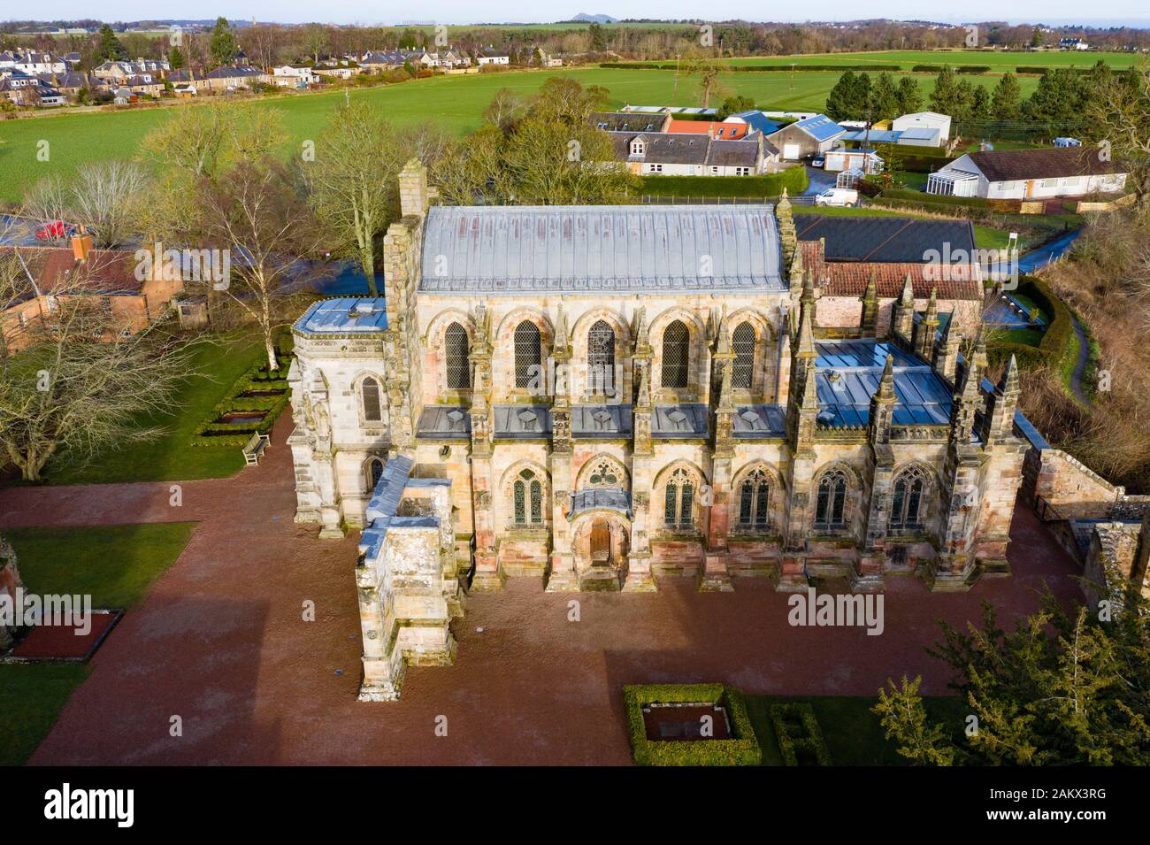 Aerial view of Rosslyn Chapel in Roslin village Midlothian, Scotland ...