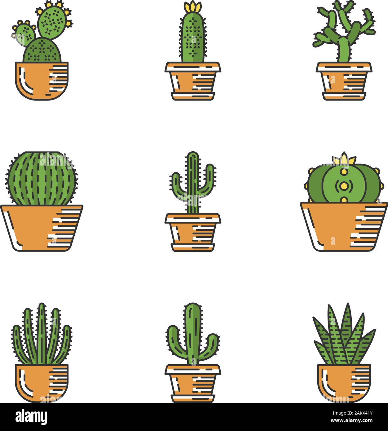 Cactuses in pots color icons set. Mexican tropical flora. Succulents ...