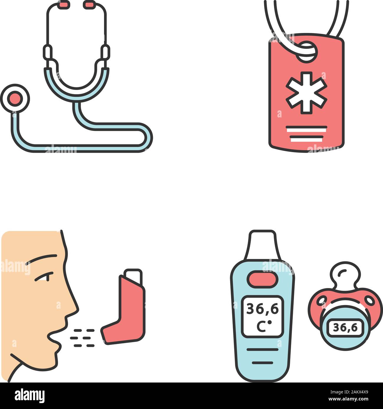 Medical devices color icons set. Stethoscope, medical alert ID necklace ...