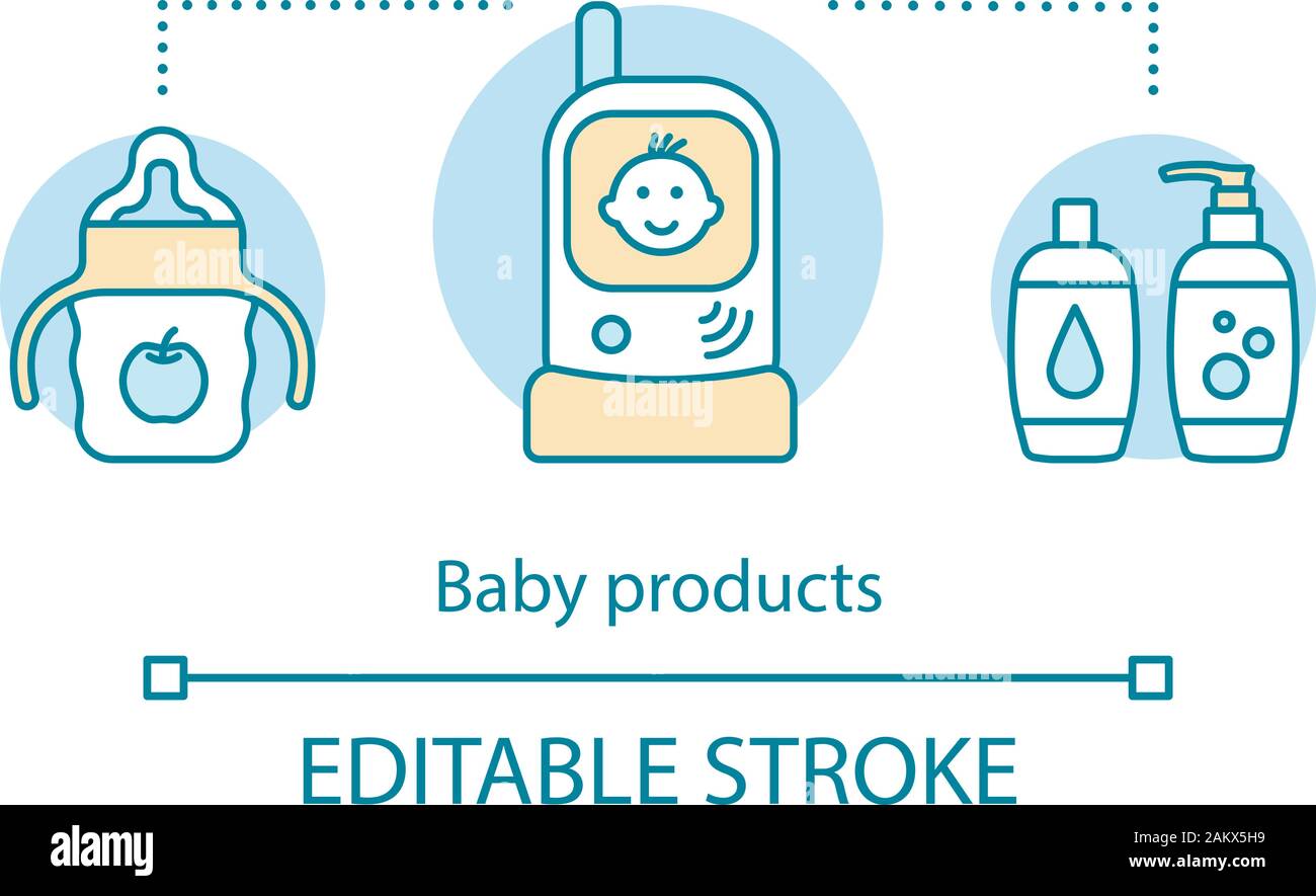 Baby products concept icon. Feeding bottle, kids toiletry, radio nanny ...