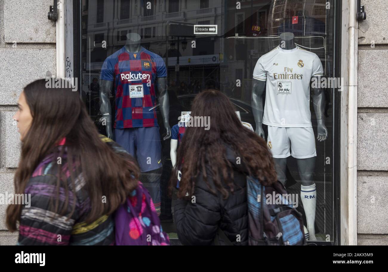 January 1, 2020, Spain: A shop displays shirts of Spanish professional ...