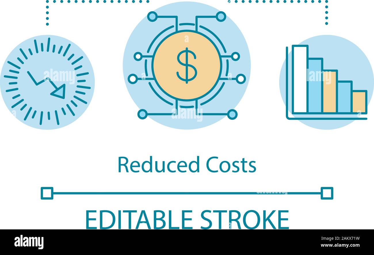 Reduced costs technologies concept icon. Descending trend chart. Down ...