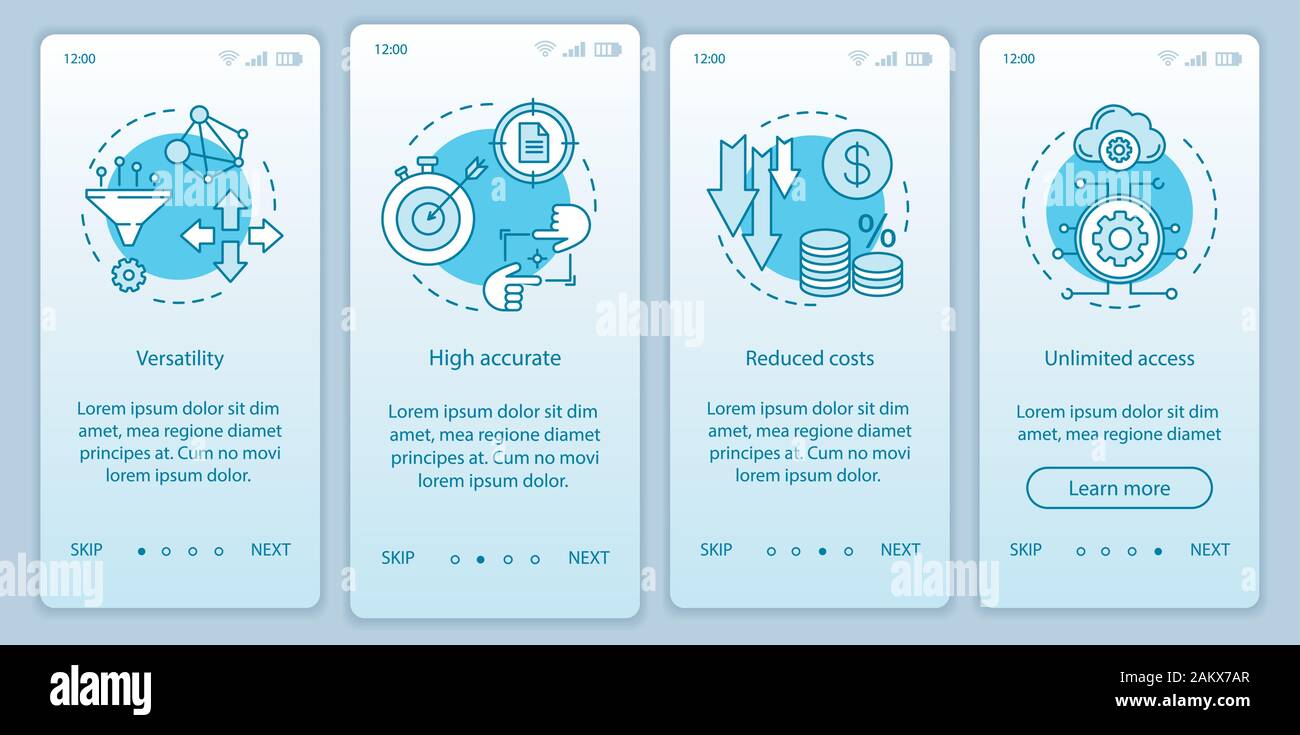 Profits of technologies onboarding mobile app page screen with linear ...