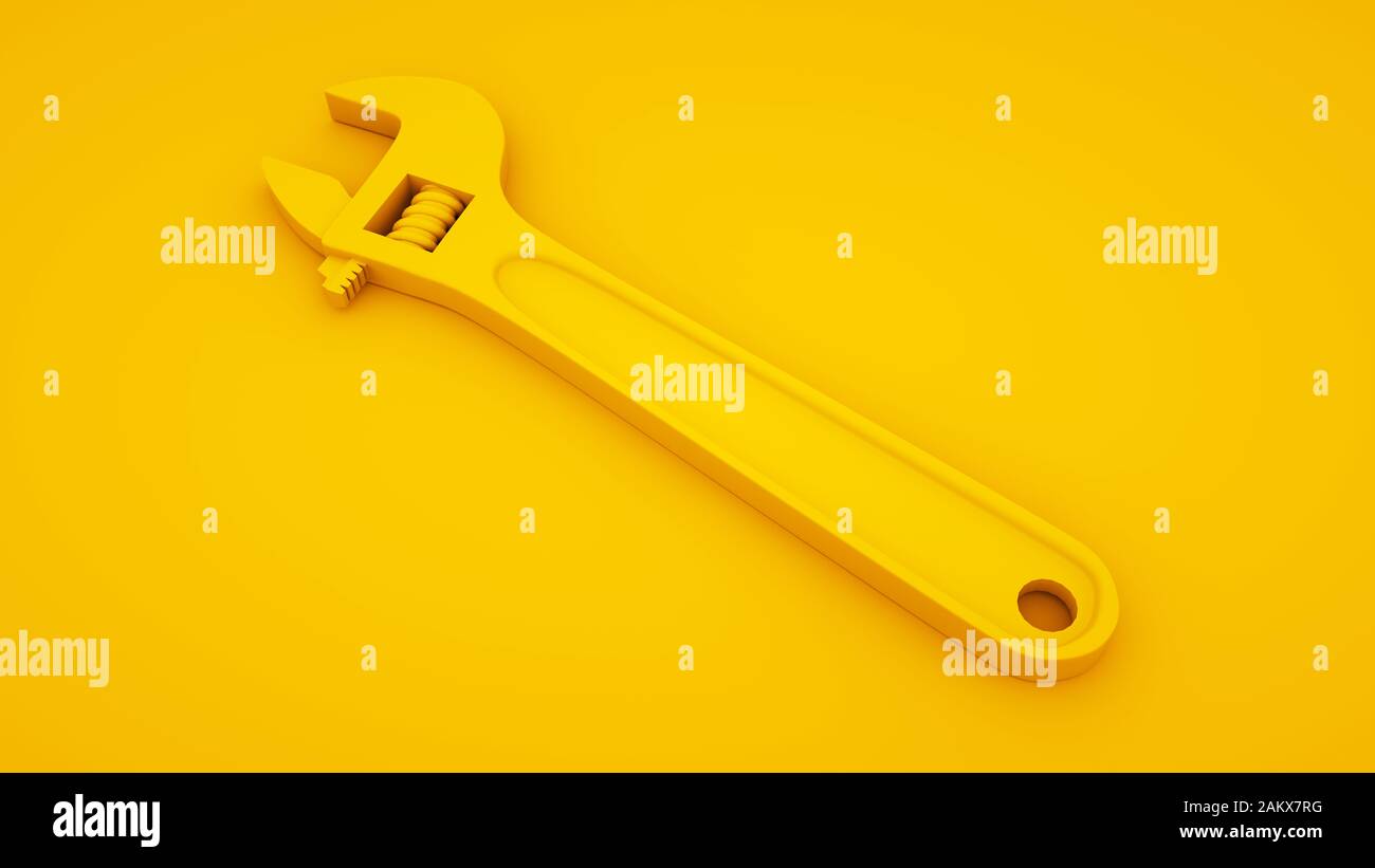 Adjustable wrench on yellow background. Minimal idea concept, 3d ...