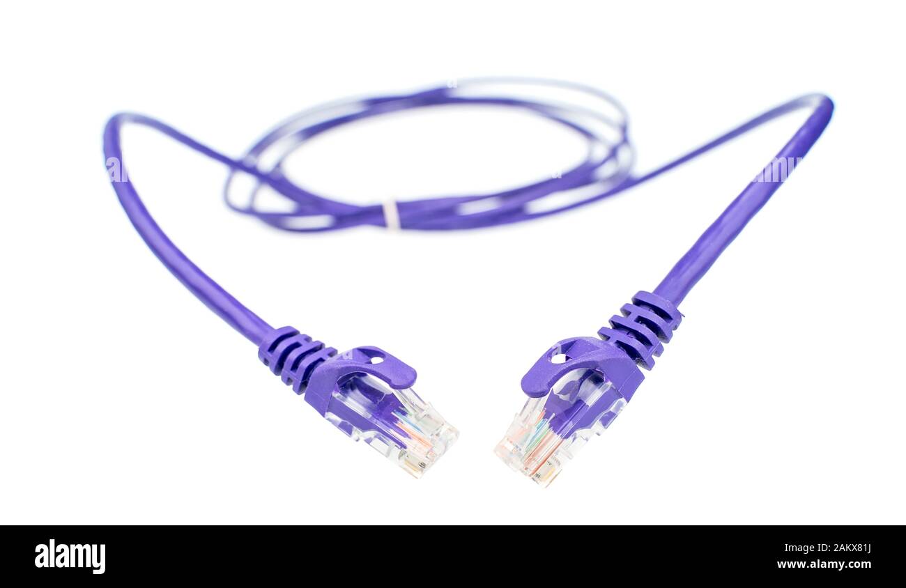purple network cables isolated on white background Stock Photo - Alamy