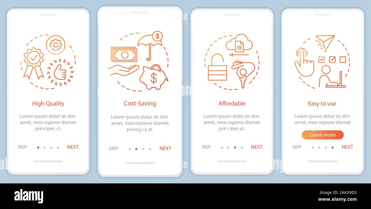 Business software advantages onboarding mobile app page screen with linear concepts. Usability ...