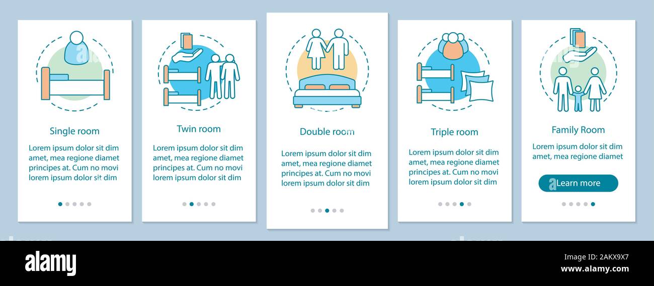Hotel room types onboarding mobile app page screen with linear concepts ...