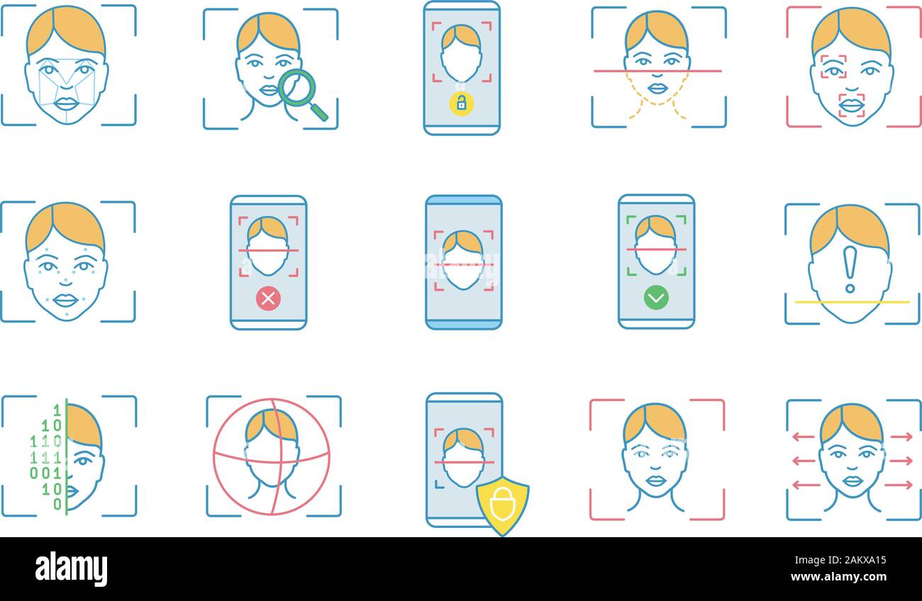 Facial recognition color icons set. Face ID scan software. Biometric ...