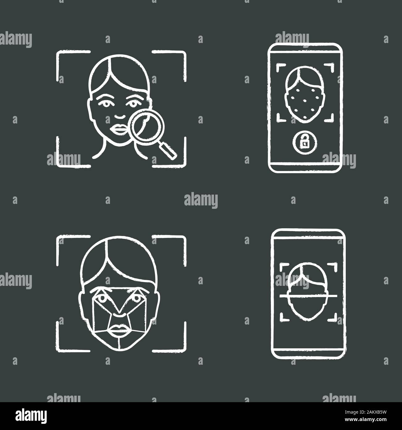 Facial recognition chalk icons set. Biometric identification. Faceprint ...