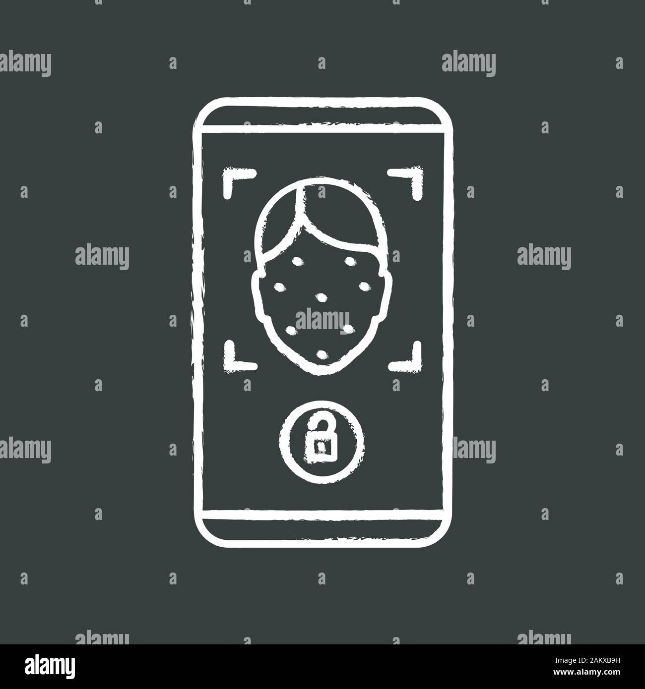 Face scan protection mobile application chalk icon. Face lock app. Facial recognition. Face scan ...