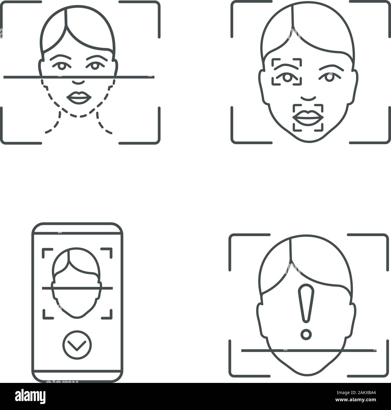 Facial recognition linear icons set. Thin line contour symbols. Face ...