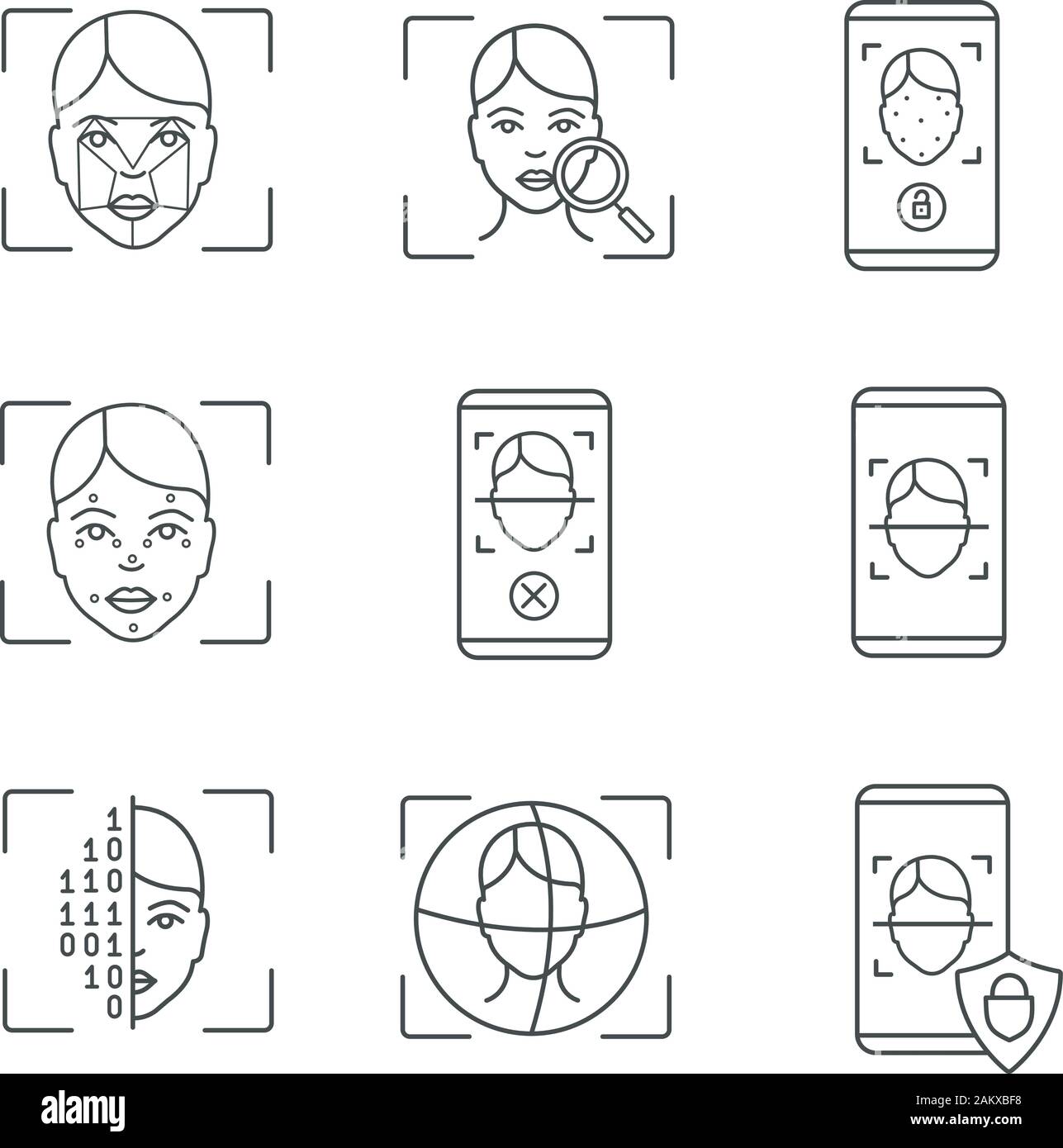 Facial recognition linear icons set. Thin line contour symbols ...