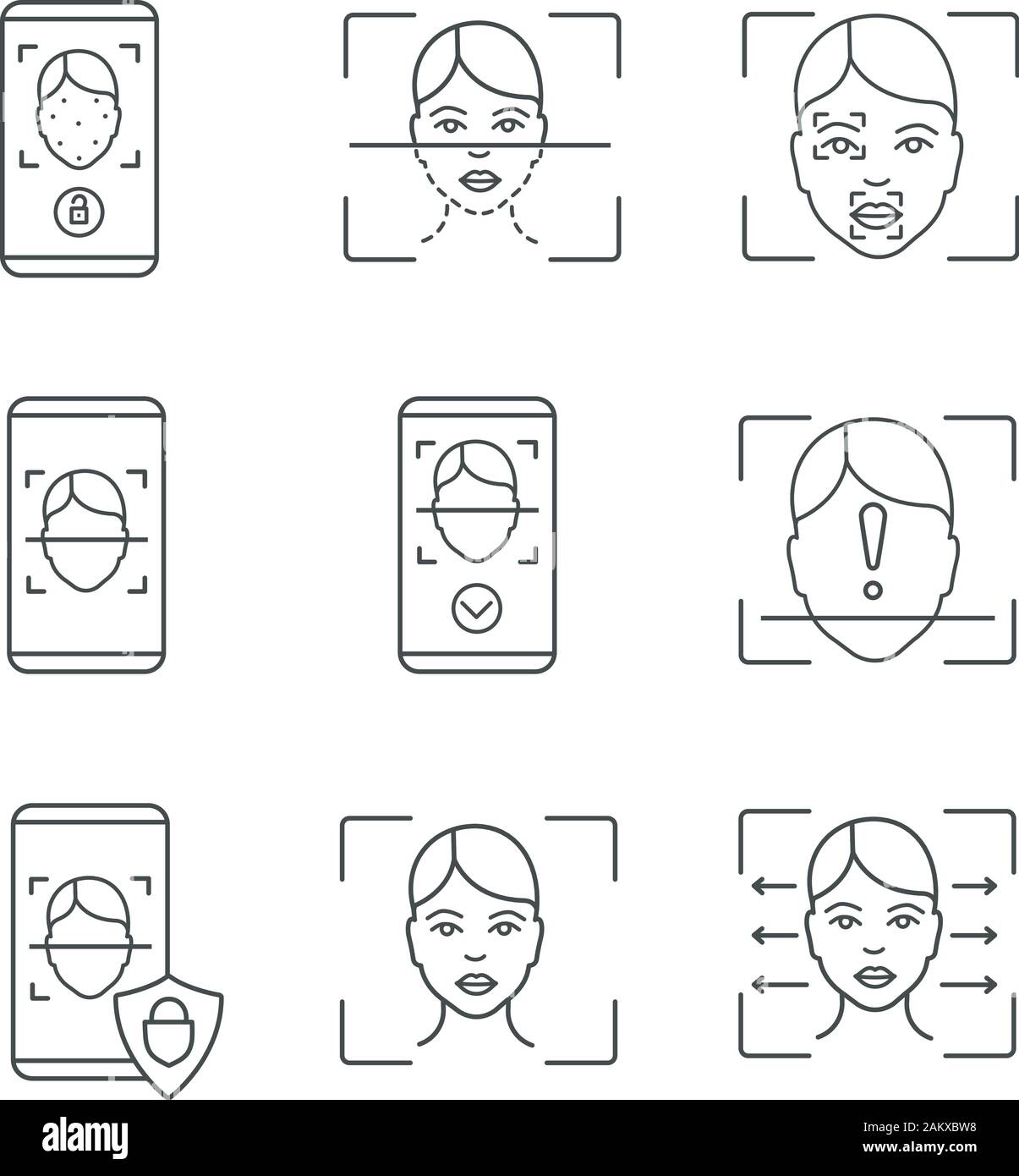 Facial recognition linear icons set. Thin line contour symbols. Face lock, banking, approved ...