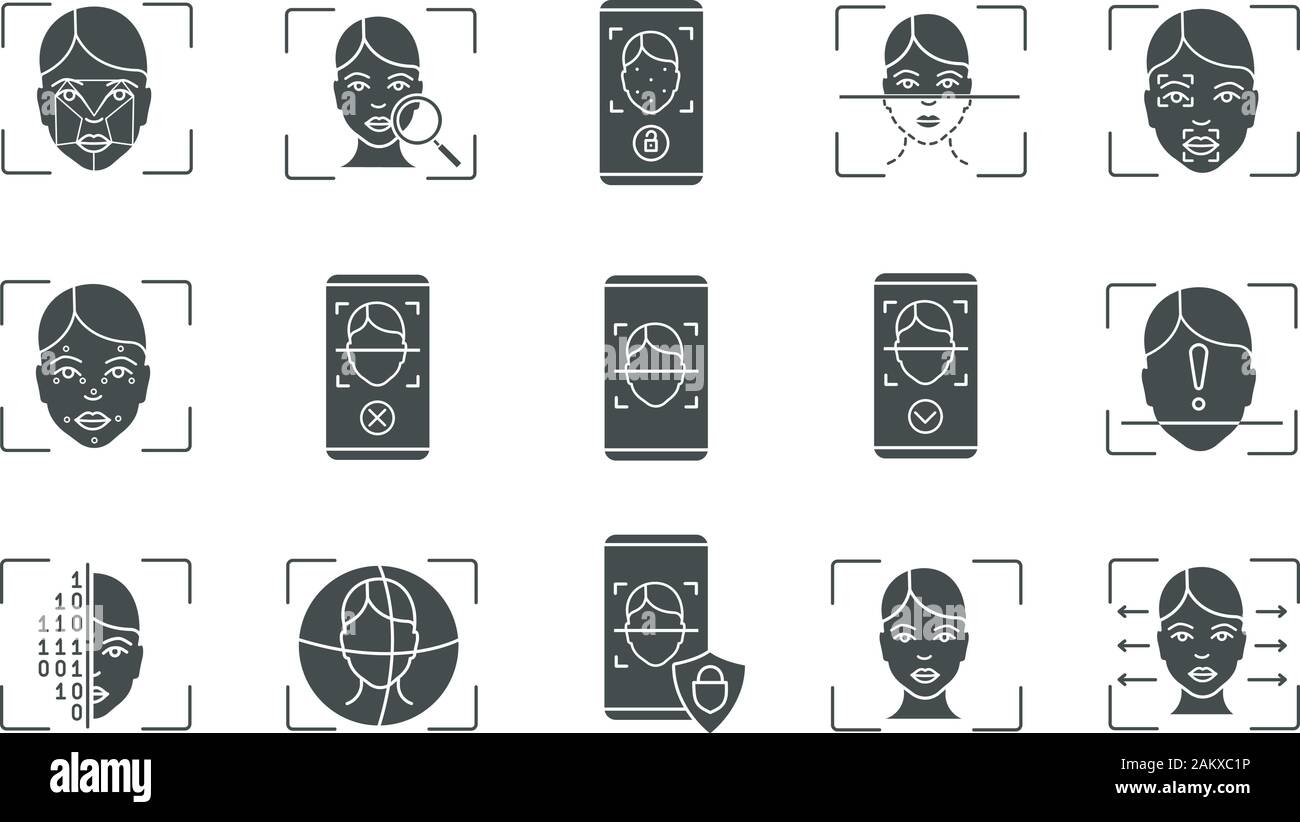 Facial Recognition Glyph Icons Set Face Id Scan Software Biometric Identification Silhouette
