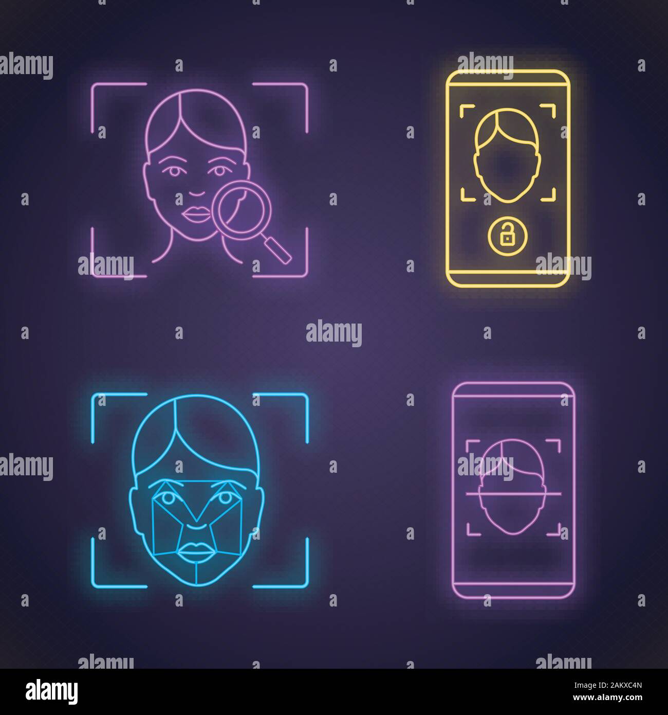 Facial recognition neon light icons set. Biometric identification ...