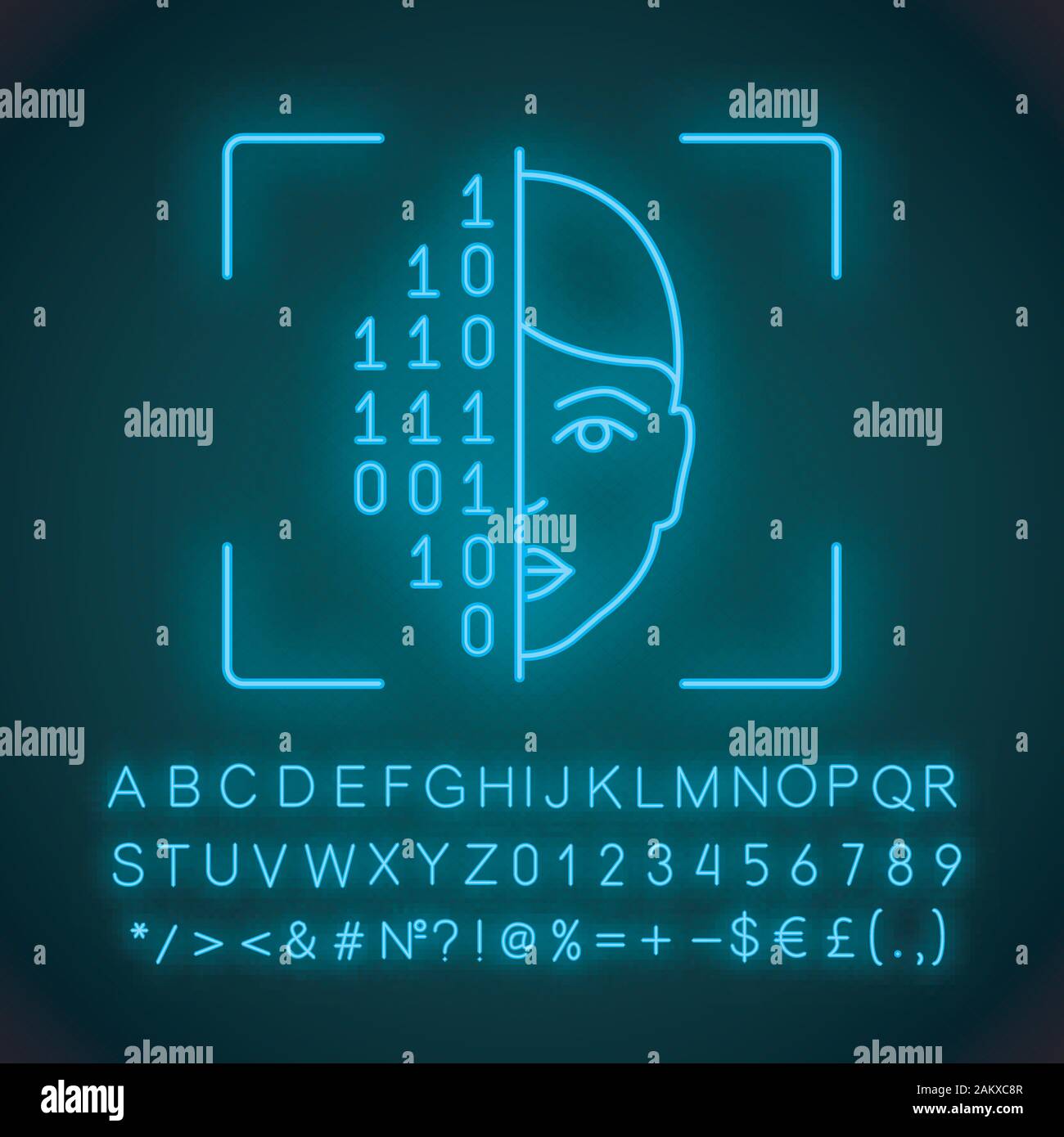 Face scanning procedure neon light icon. Facial recognition. Identity authentication. Binary ...