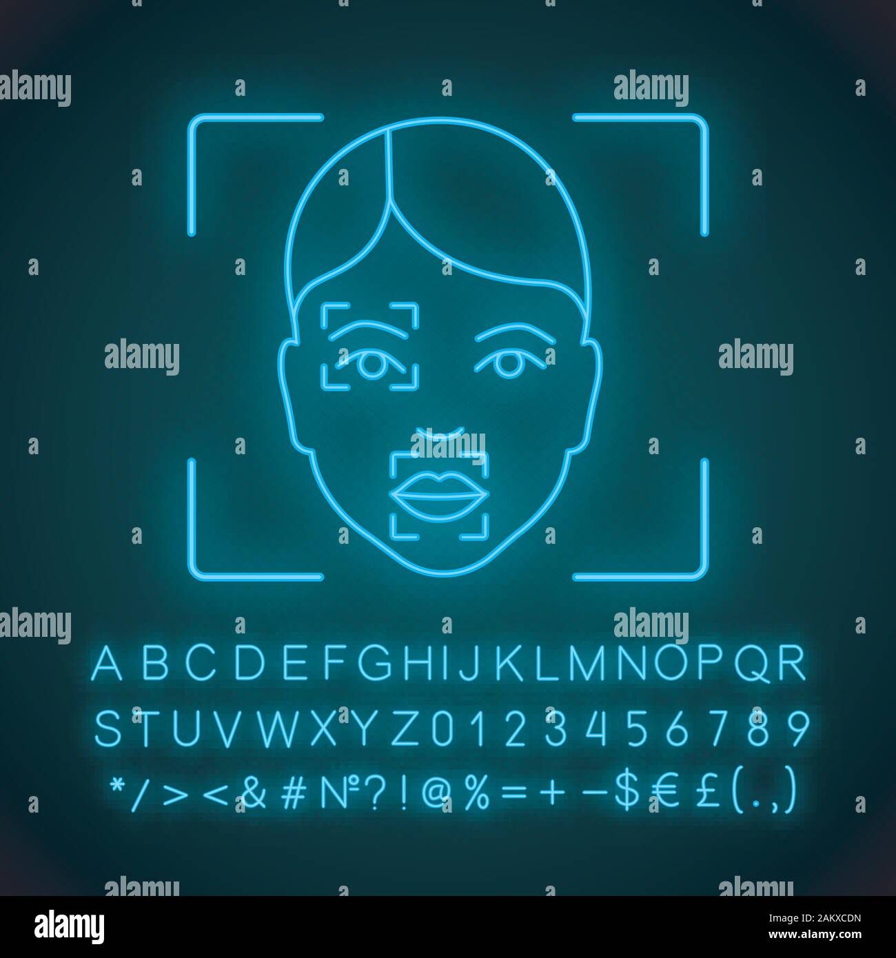 Face scanning procedure neon light icon. Facial recognition markers ...