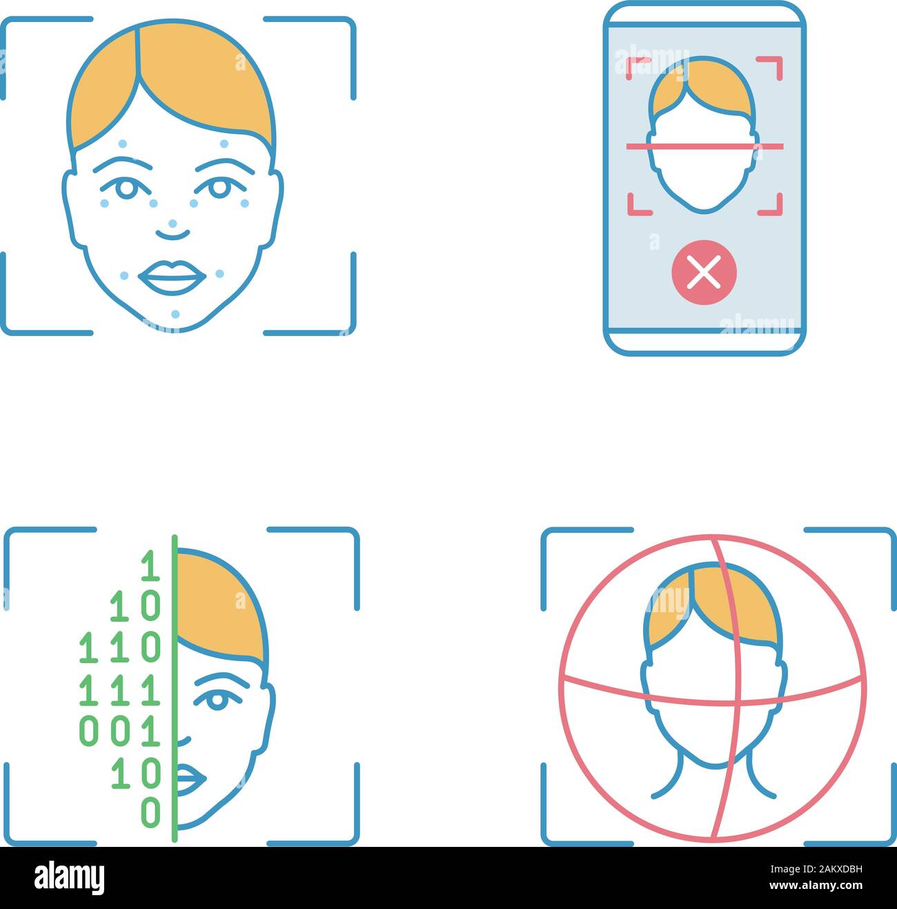 Facial recognition color icons set. Biometric identification. Faceprint ...