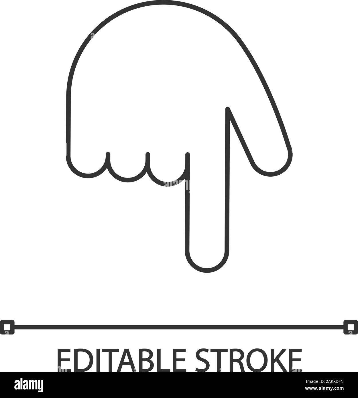 Backhand index pointing down linear icon. Thin line illustration. Turn ...