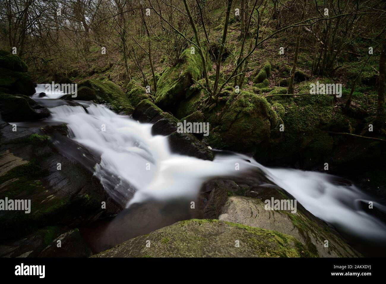 Long exposure of a waterfall in the woods at Watersmeet in Devon Stock ...