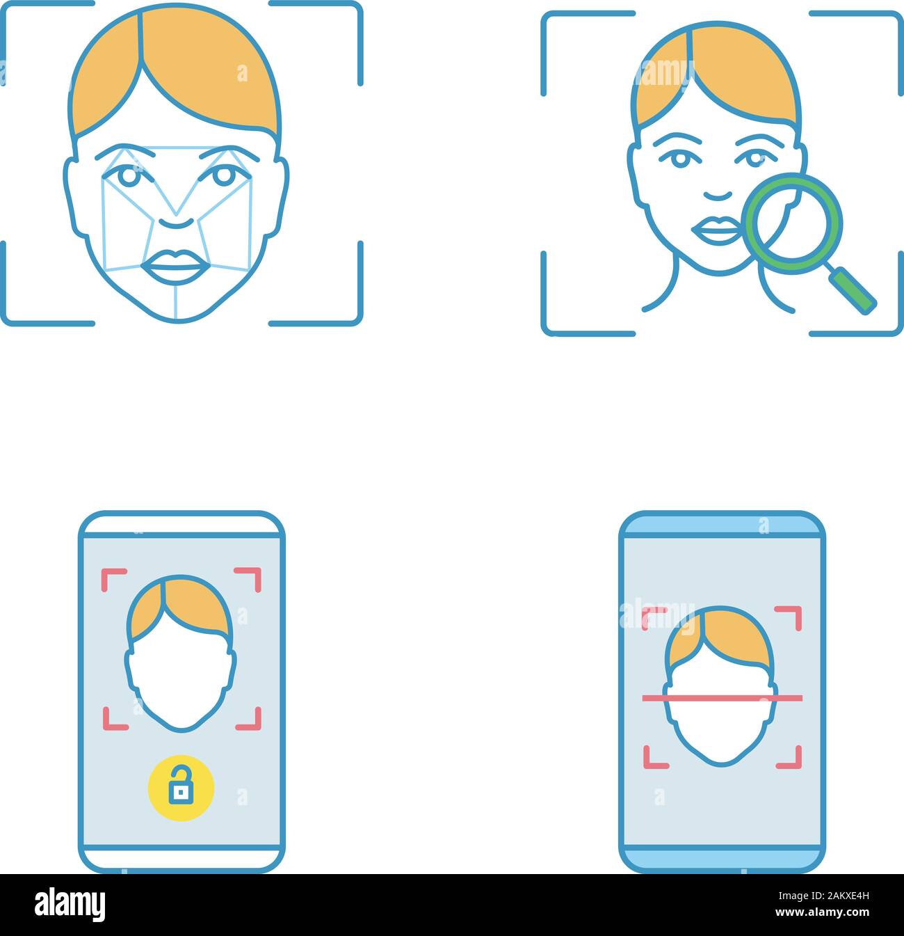 Facial recognition color icons set. Biometric identification. Faceprint ...