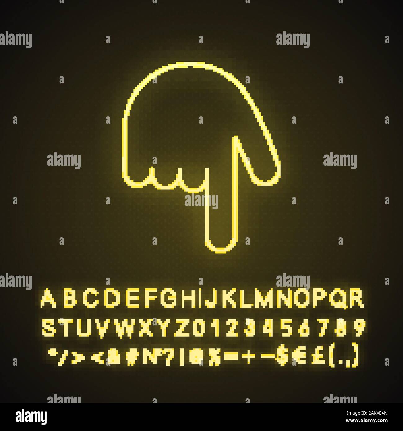 Backhand index pointing down neon light icon. Turn back finger pointer ...