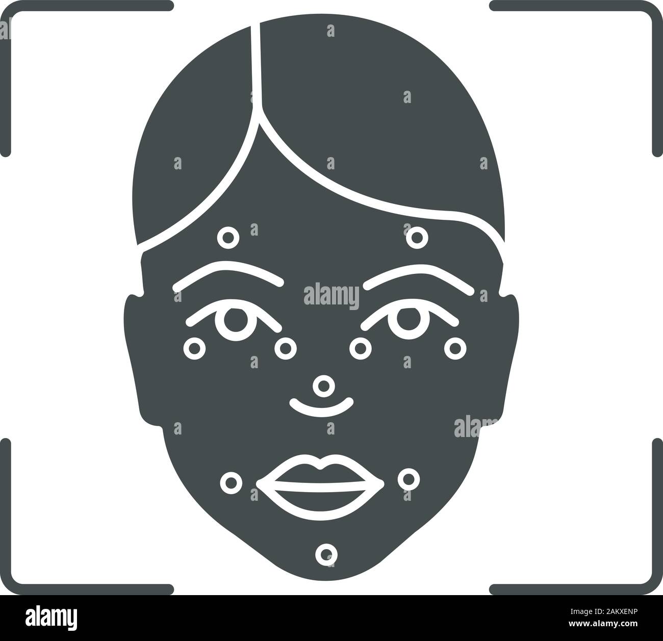 Faceprint analysis glyph icon. Silhouette symbol. Facial markers ...