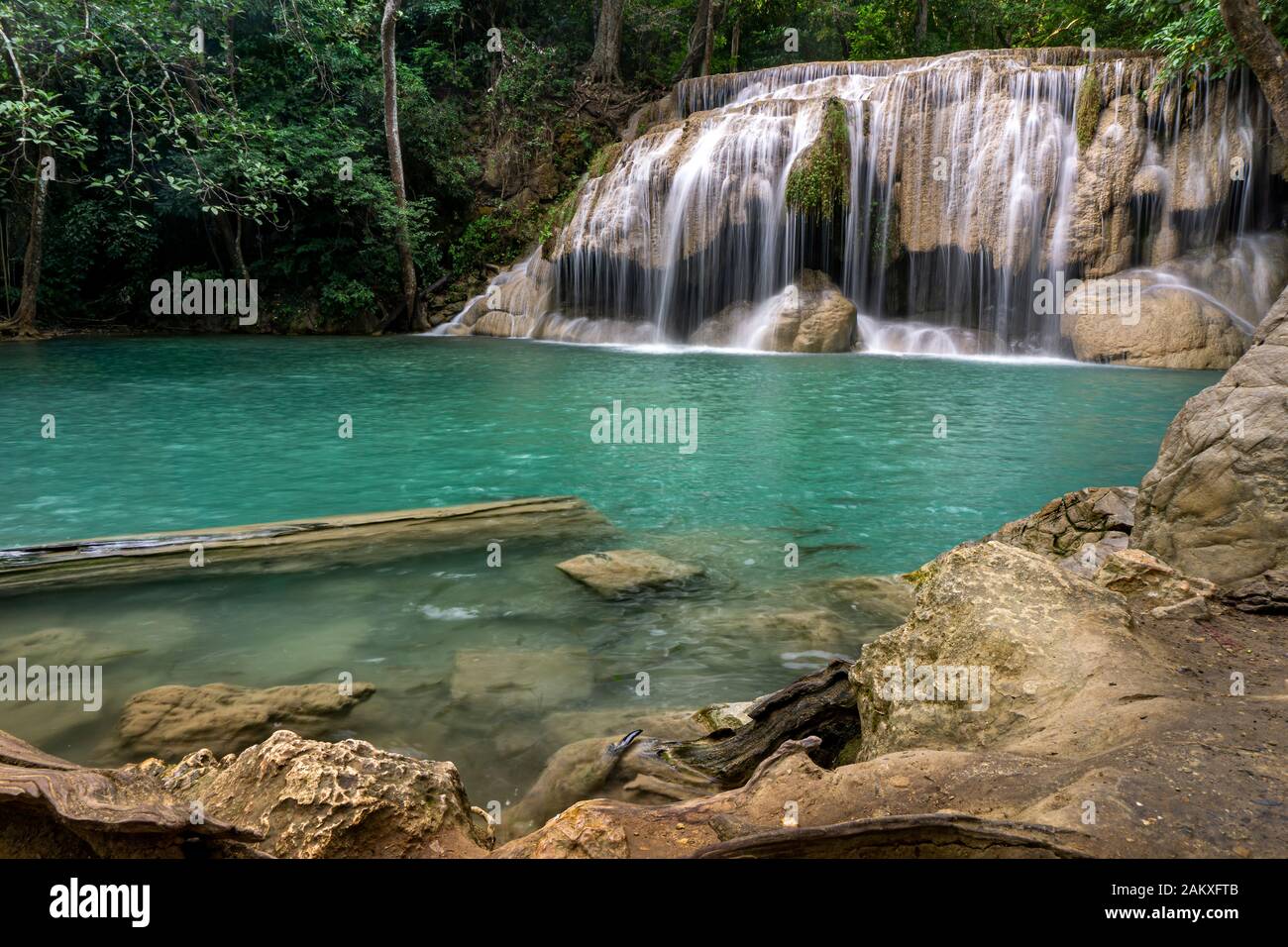 Clean green emerald water from the waterfall Surrounded by small trees ...