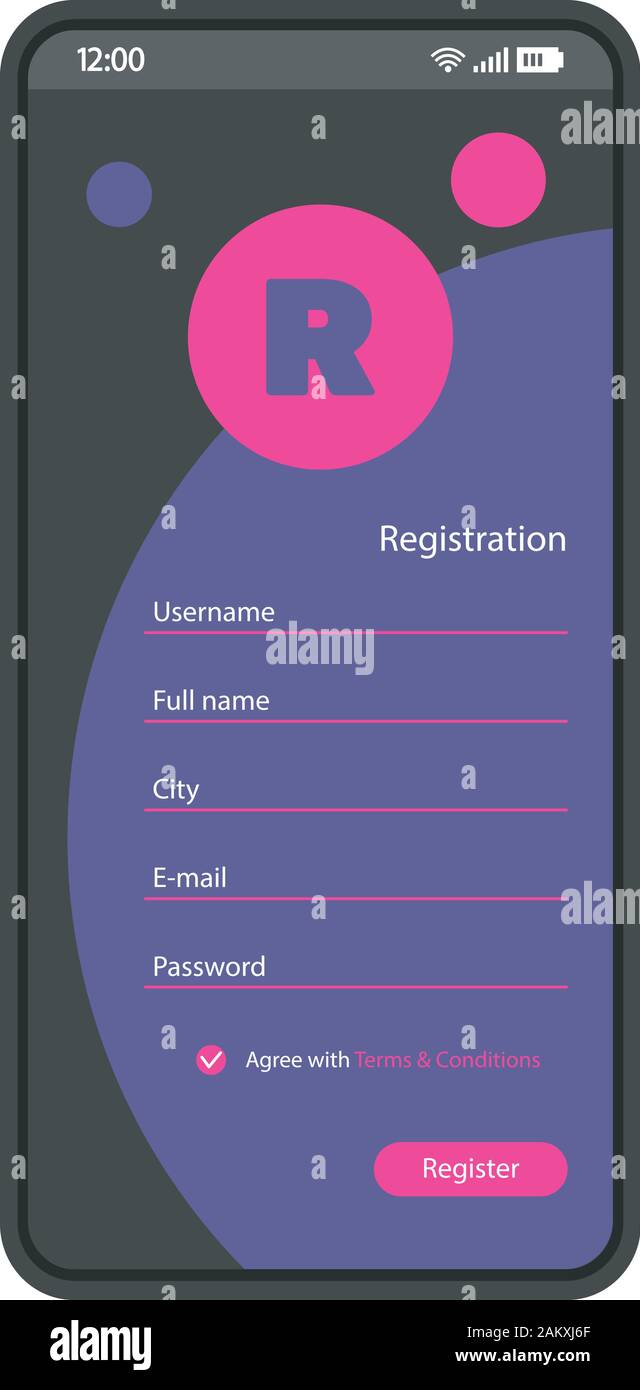Register form smartphone interface vector template. Mobile login page black design layout. Sign ...