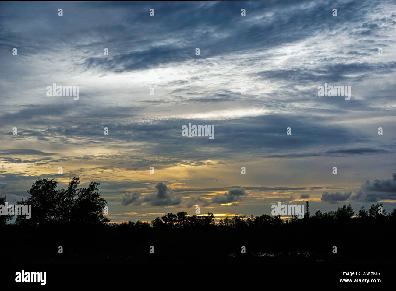 The sky is dull, cloudy during the evening after sunset. The front of ...