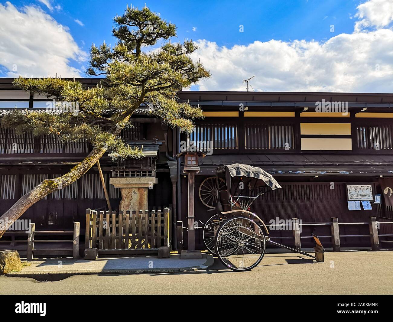 TAKAYAMA, JAPAN - MAY 2019: traditional timber house and rickshaw in ...